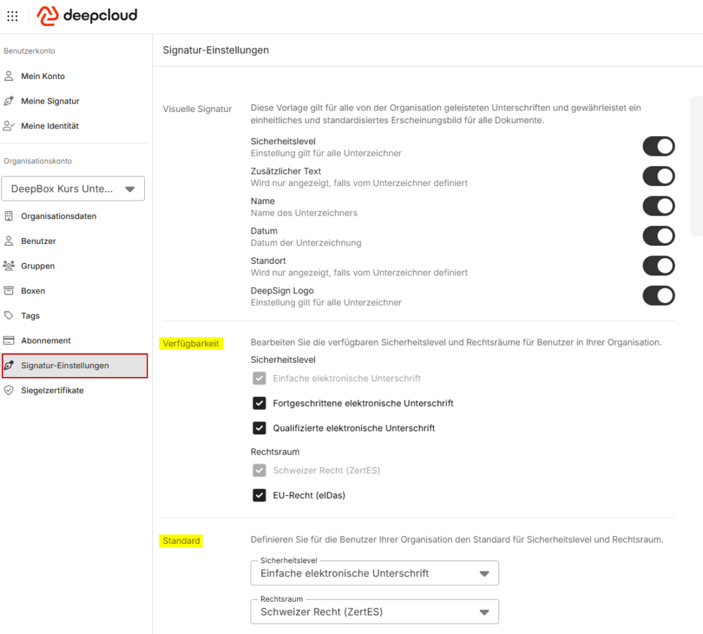 Set signature types and legal spaces in DeepSign - Support